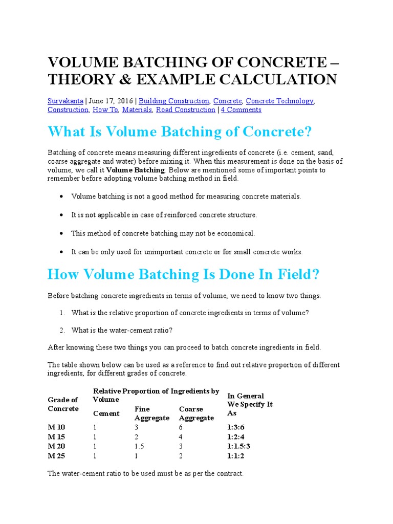Volume Batching of Concrete | Ratio | Construction Aggregate