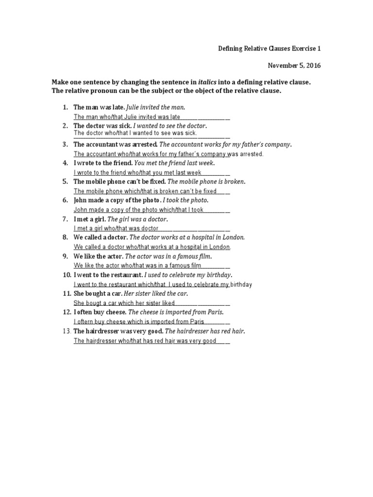 Defining Relative Clauses Exercise 1 | PDF