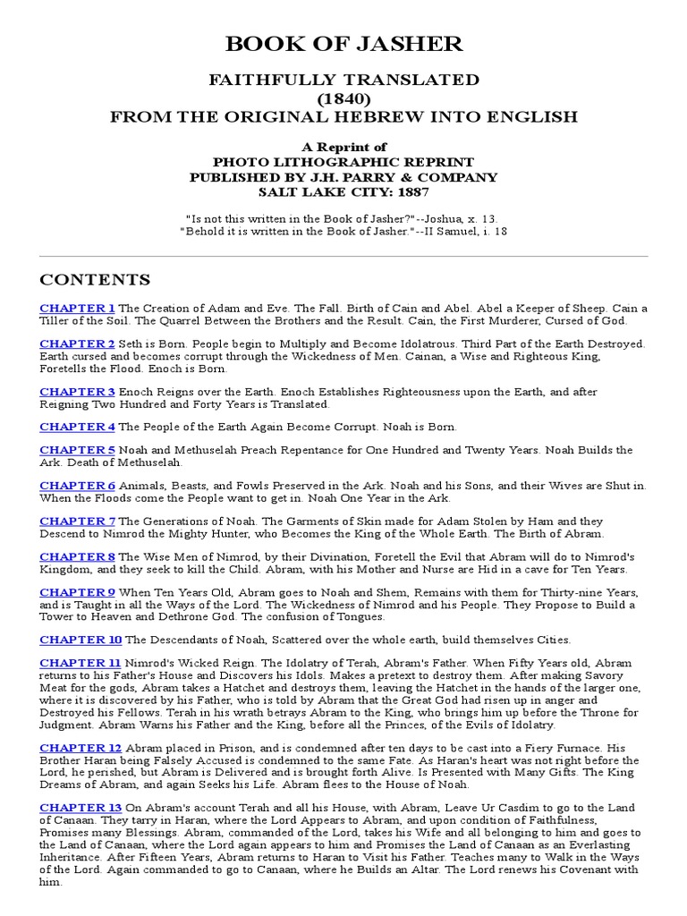 Book of Jasher: Faithfully Translated (1840) From The Original Hebrew Into English | PDF | Jacob ...