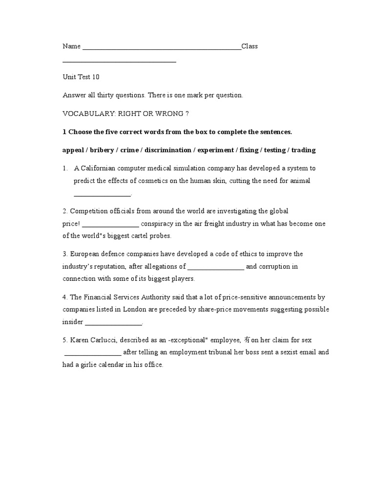 Vocabulary Unit Test | PDF