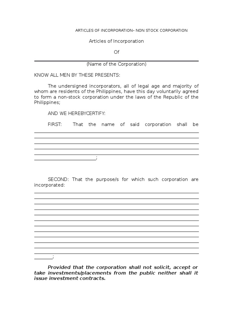 Articles of Incorporation Non Stock Corporation | PDF | Corporations ...