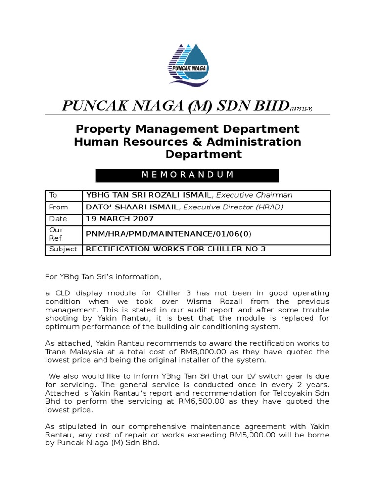 Approval for Chiller Repairs at Wisma Rozali | PDF