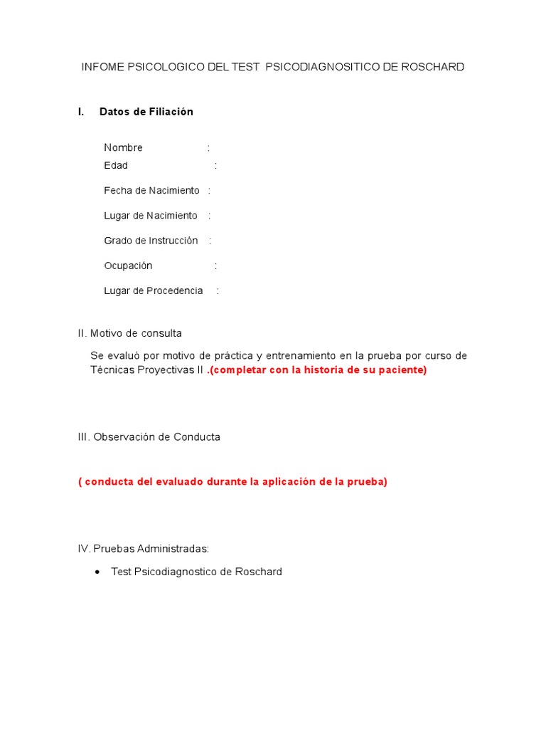 Infome Psicologico Del Test Psicodiagnositico de Roschard | PDF