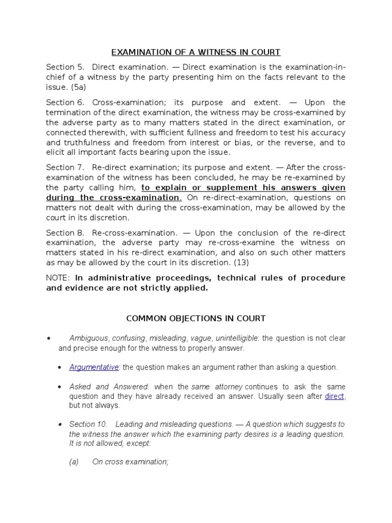 Common Court Objections Explained | PDF | Cross Examination | Evidence ...