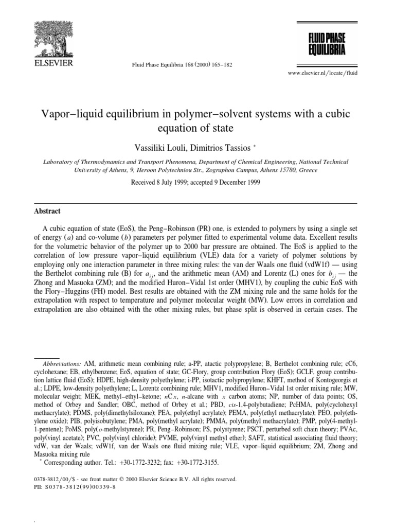 Vapor-Liquid Equilibrium in Polymer-Solvent Systems With A Cubic Equation of State | PDF ...