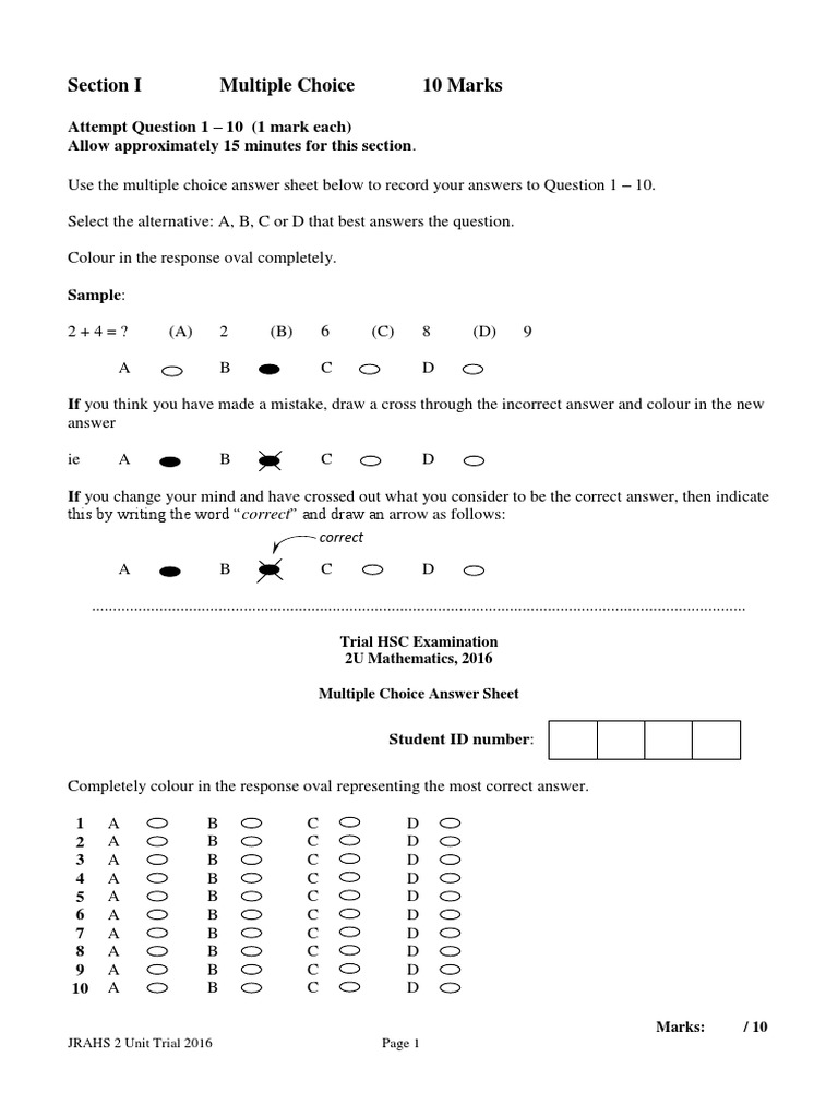 Trial HSC Examination 2U Mathematics 2016: Section I - Multiple Choice ...