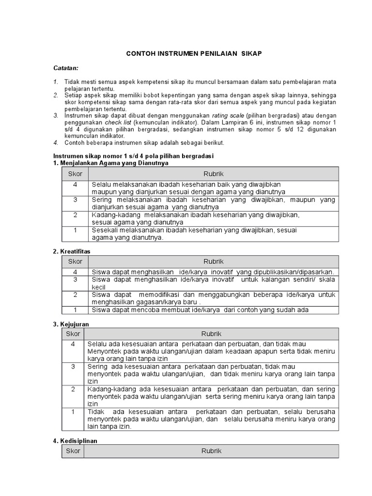 Lampiran CONTOH INSTRUMEN PENILAIAN SIKAP | PDF