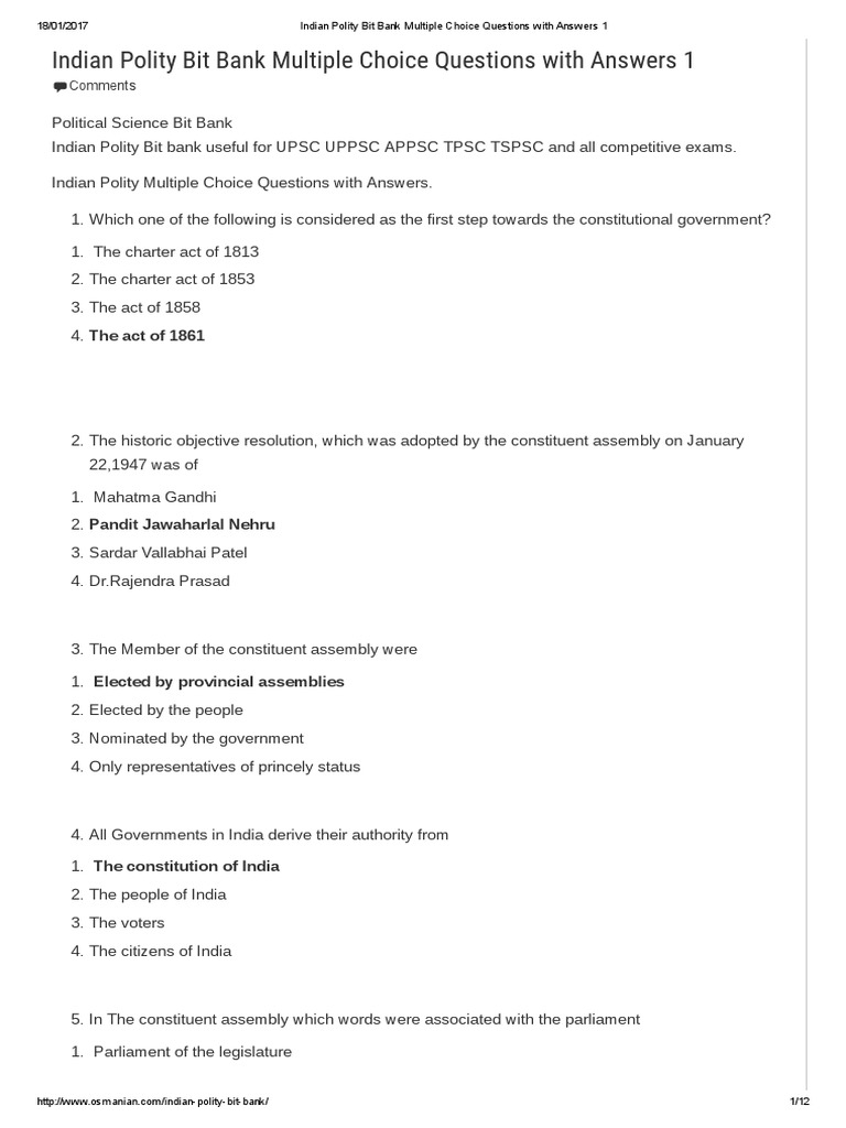 Indian Polity Bit Bank Multiple Choice Questions With Answers 1 | PDF ...