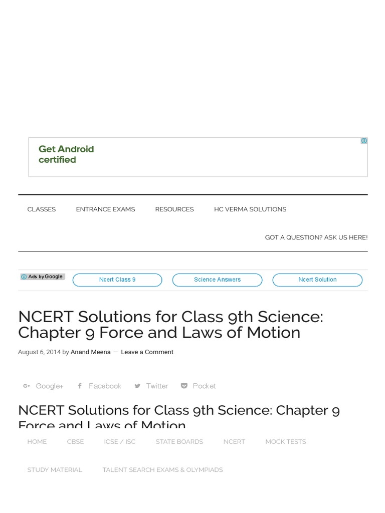 NCERT Solutions For Class 9th Science - Chapter 9 Force and Laws of ...
