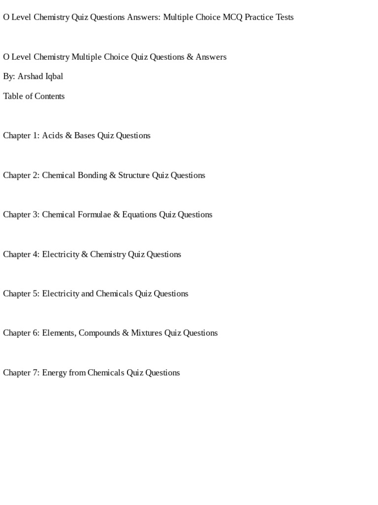 O Level Chemistry Quiz Questions Answers Multiple Choice MCQ 10pct ...