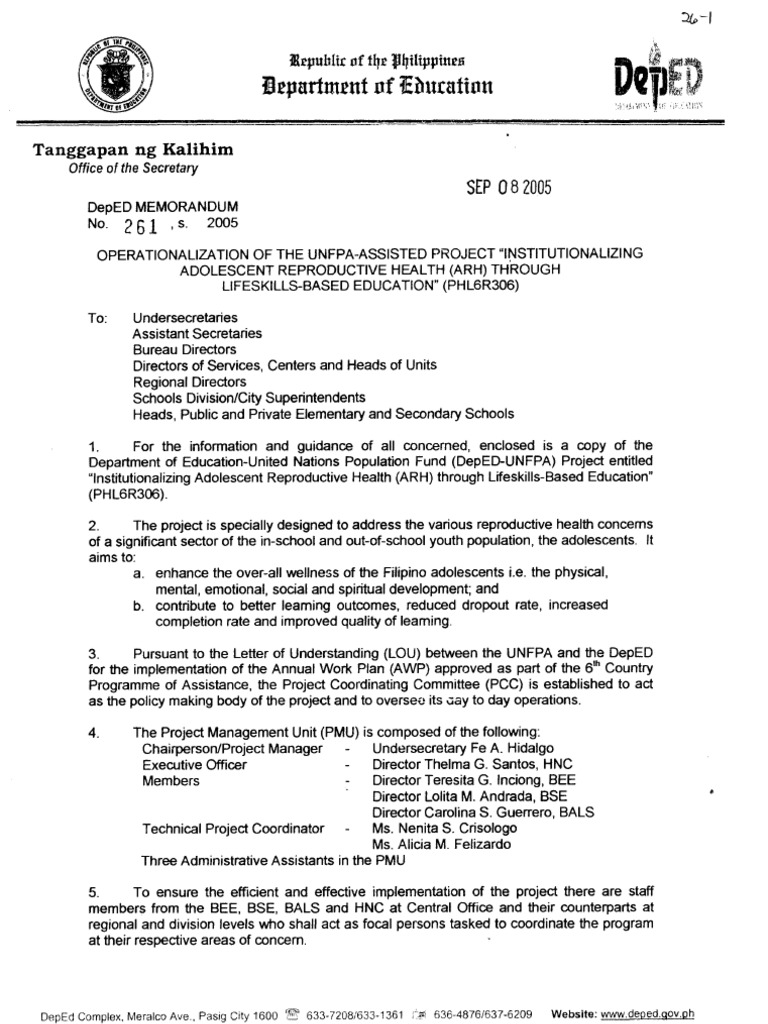 DepEd Memo No 261. Series 2005