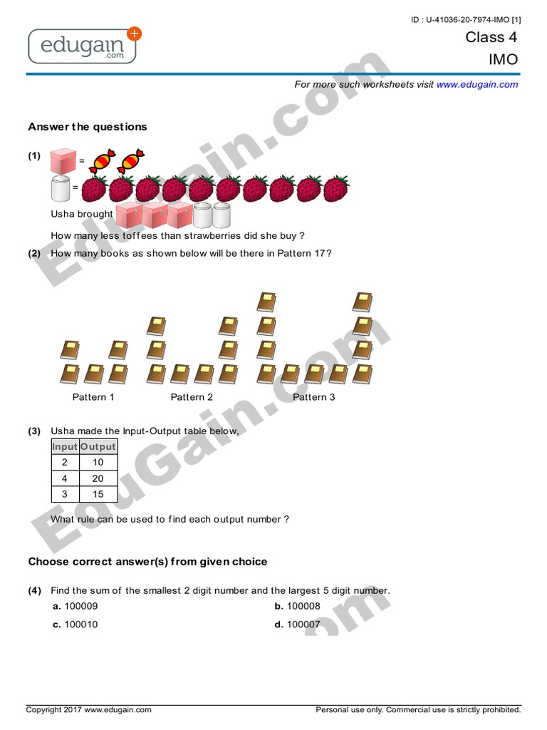 Class 4 IMO: Answer The Questions | PDF | Applied Mathematics | Areas ...