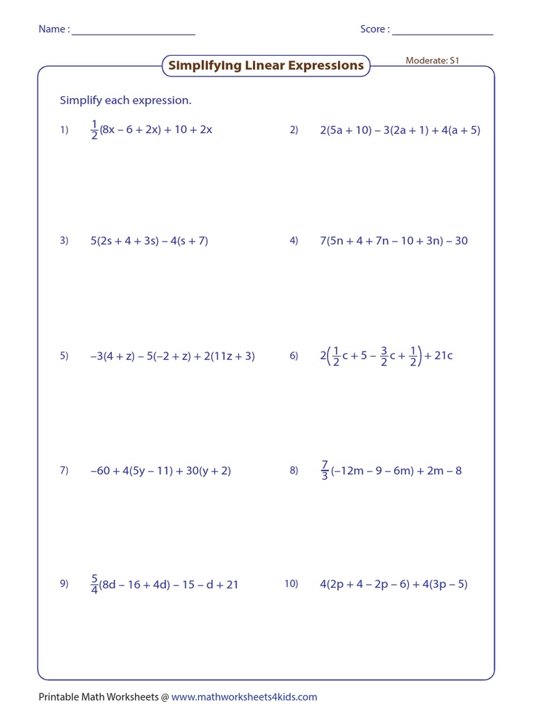 Simplifying Linear Expressions Worksheets | PDF