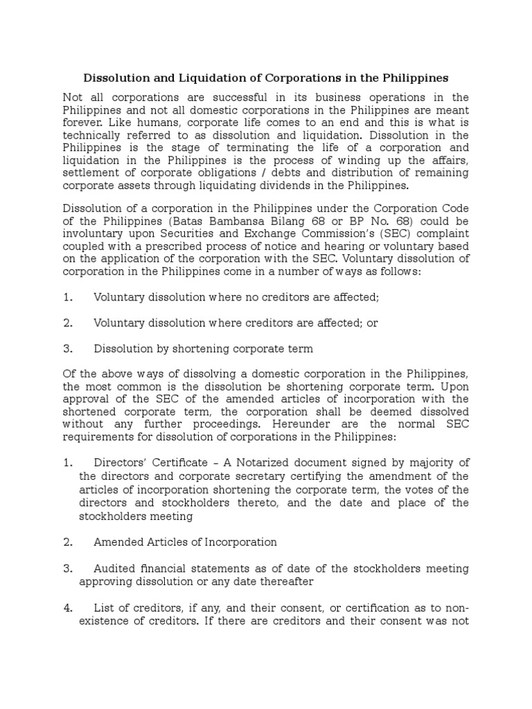 Dissolution and Liquidation of Corporations in The Philippines ...