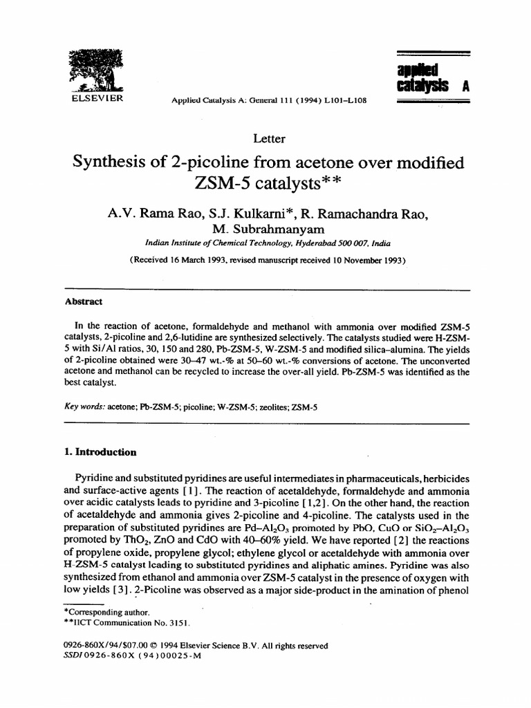 Selective Synthesis of 2-Picoline from Acetone | PDF | Pyridine | Catalysis