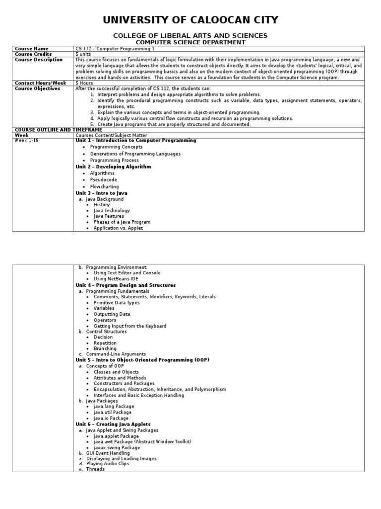 Bscs Obe Syllabus For Computer Programming 1 Pdf Java Programming Language Object 