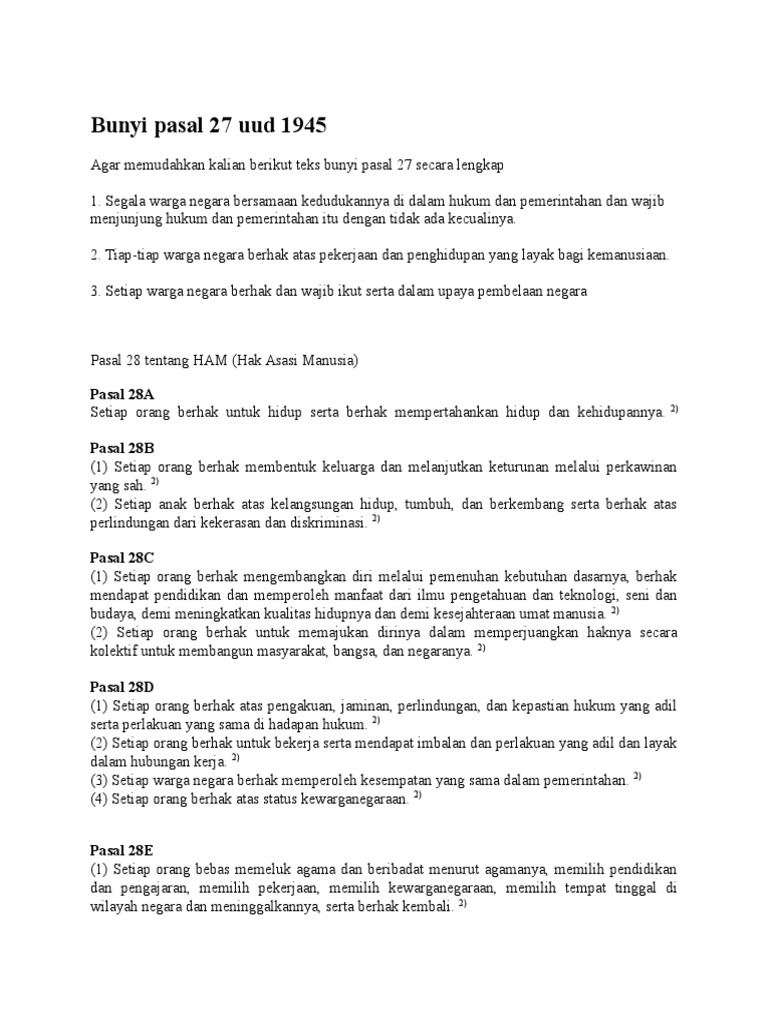 Bunyi Pasal 27 Uud 1945 | PDF