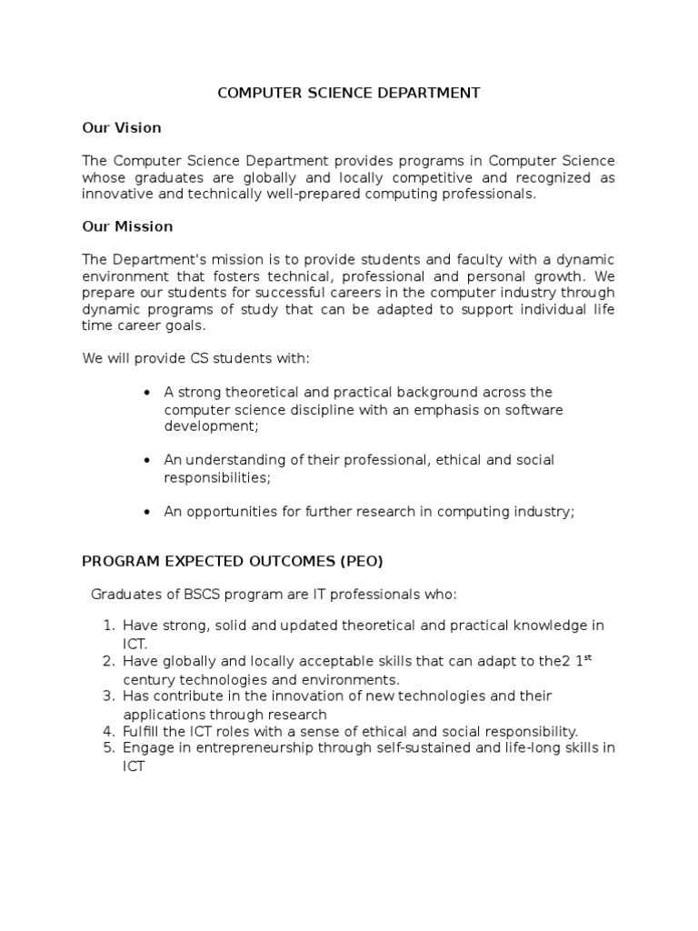 Computer Science Department Mission Vision | PDF