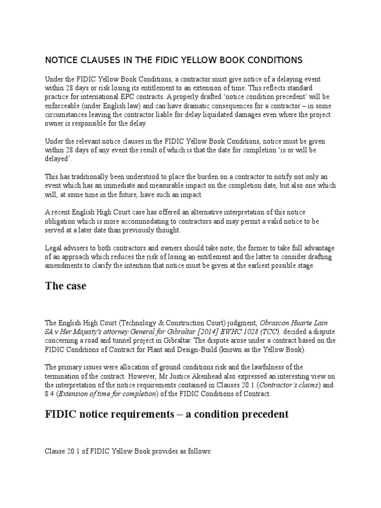 Notice Clauses in The Fidic Yellow Book Conditions | PDF