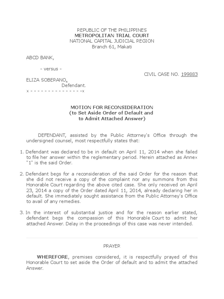 Motion To Set Aside Order of Default | PDF