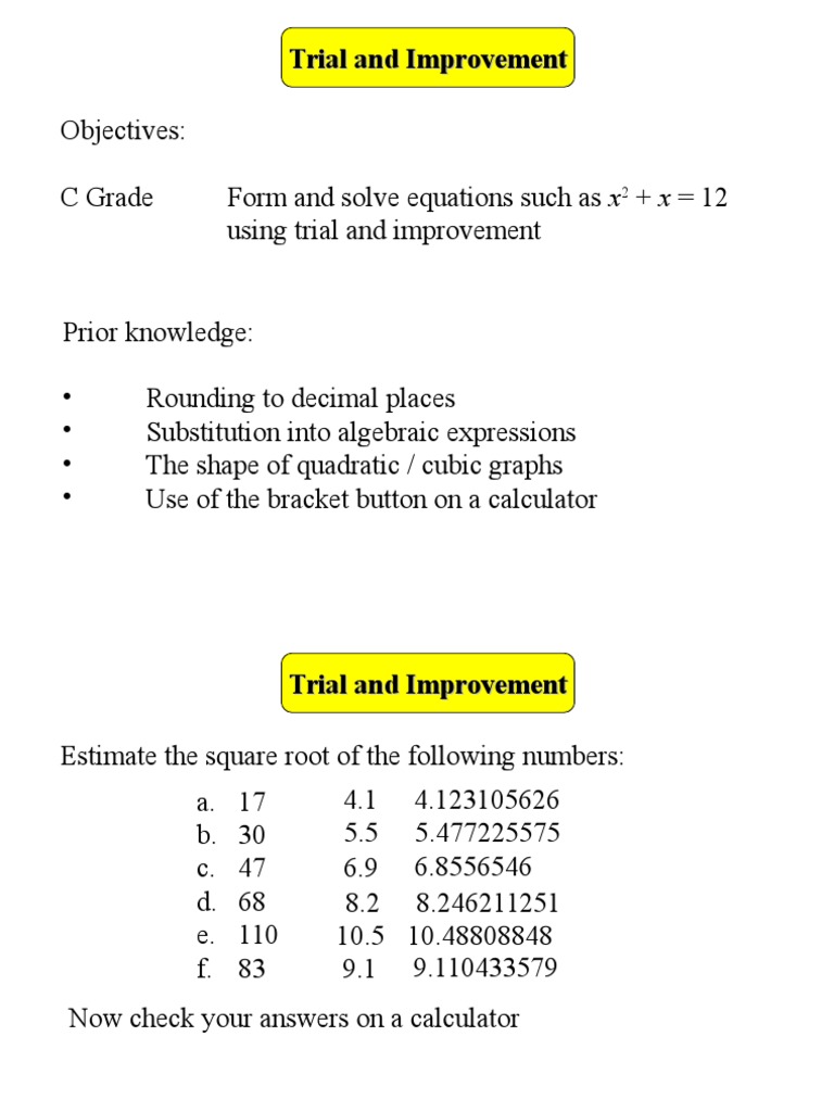 Trial and Improvement | PDF | Quadratic Equation | Equations