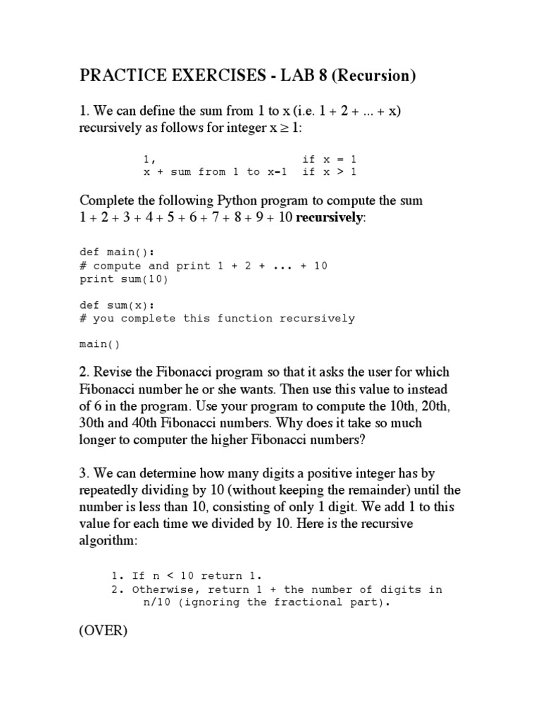 Practice Exercises - Lab 8 (Recursion) | PDF