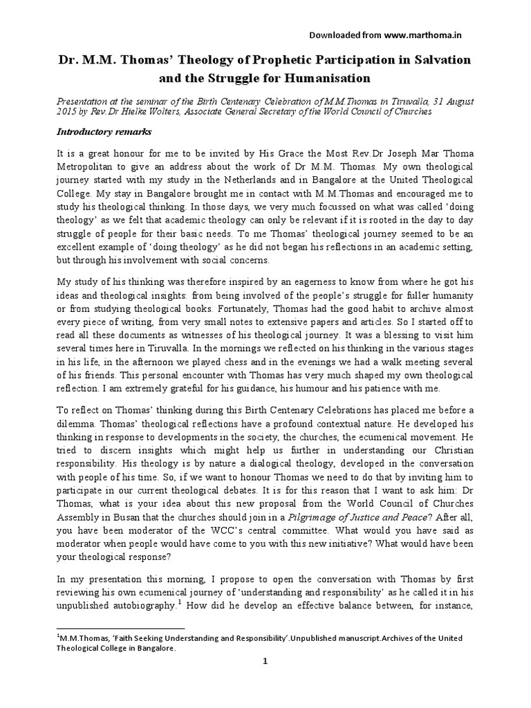 Dr. M.M. Thomas' Theology of Prophetic Participation in Salvation | PDF ...