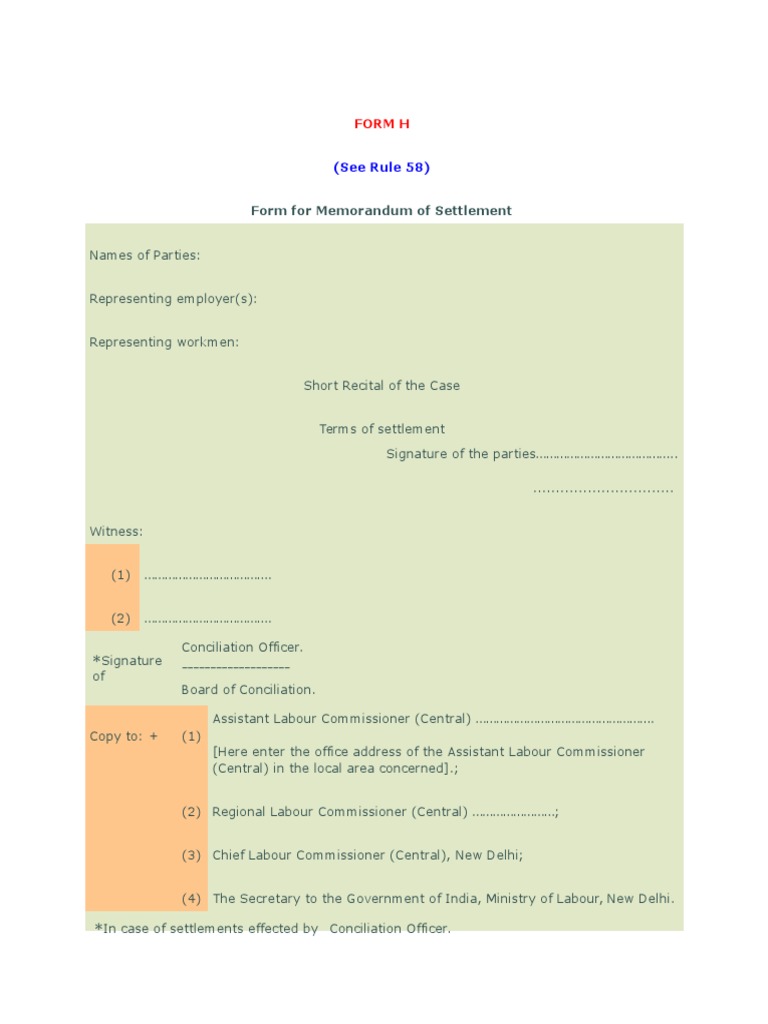 Form For Memorandum of Settlement: (See Rule 58) | PDF