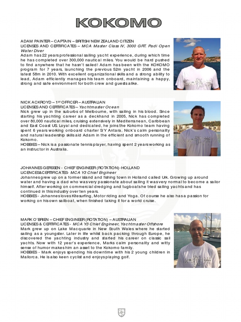 Kokomo Yacht Crew Overview | PDF | Ships | Water Transport