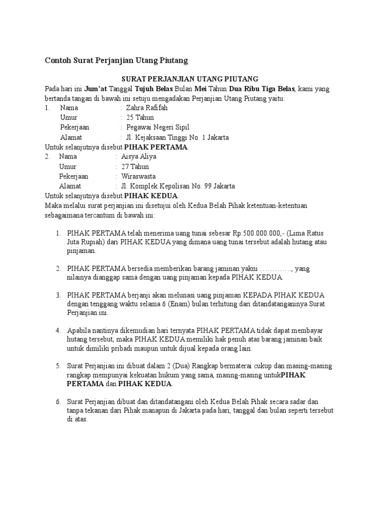 Contoh Surat Perjanjian Utang Piutang | PDF