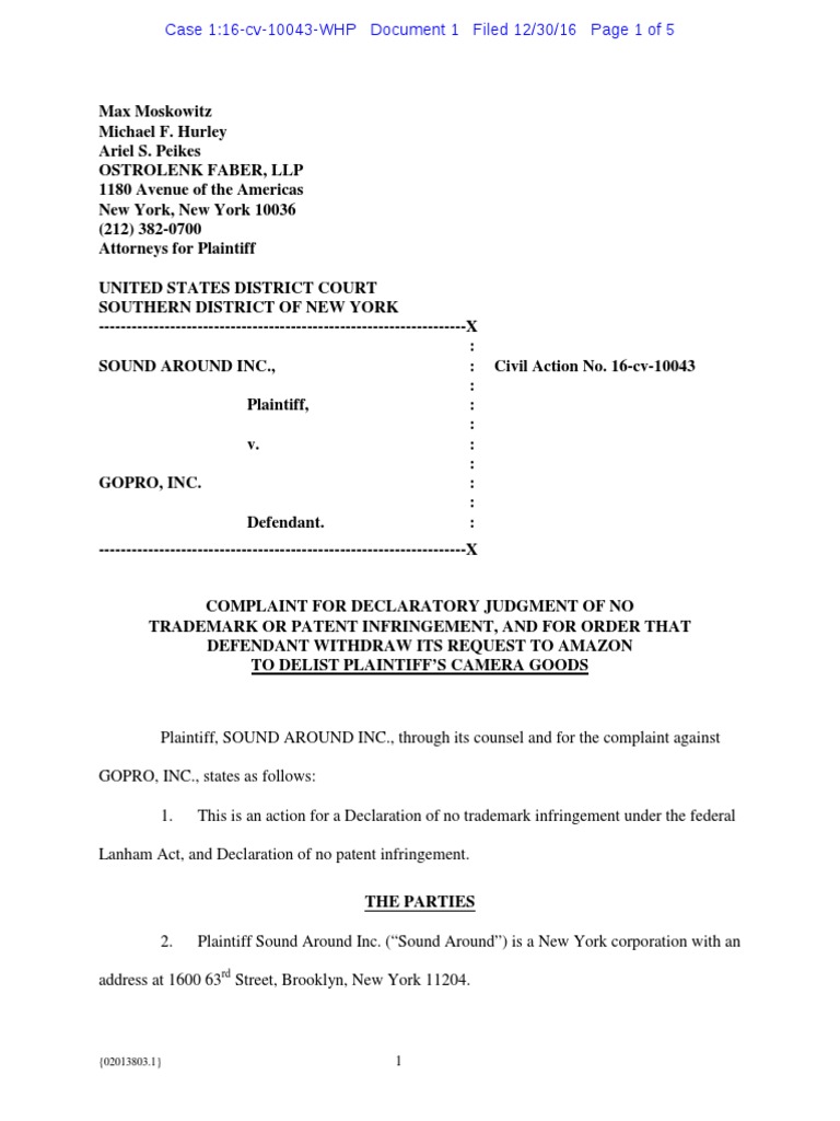 Sound Around v. GoPro - Complaint | Download Free PDF | Declaratory Judgment | Trademark