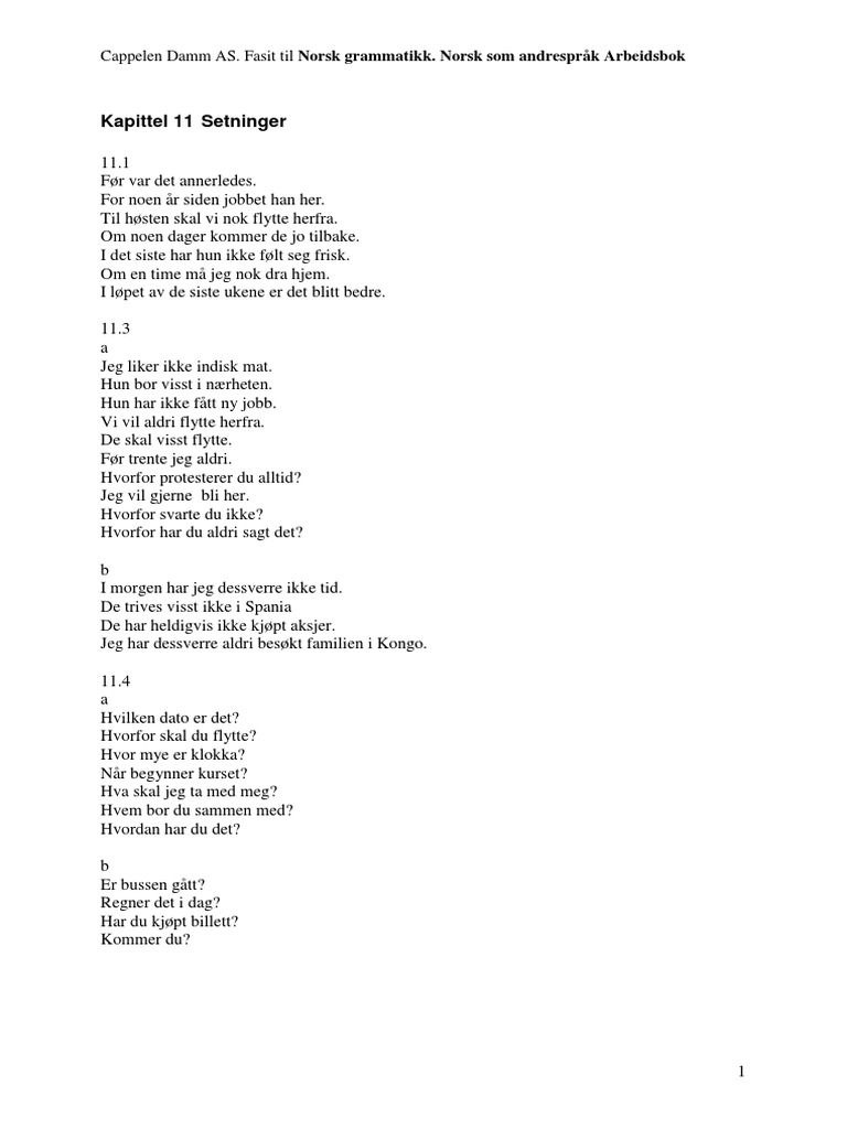 CAPPELEN DAMM-Kapittel 11 Setninger | PDF