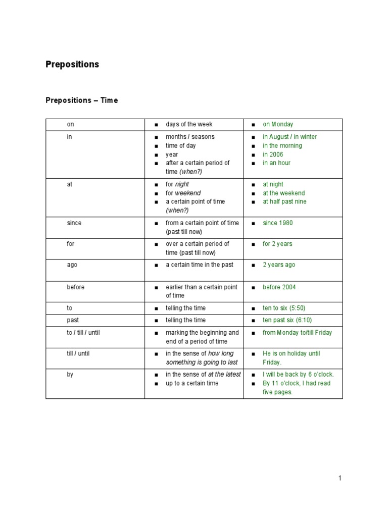 Prepositions | PDF | Workweek And Weekend | Leisure