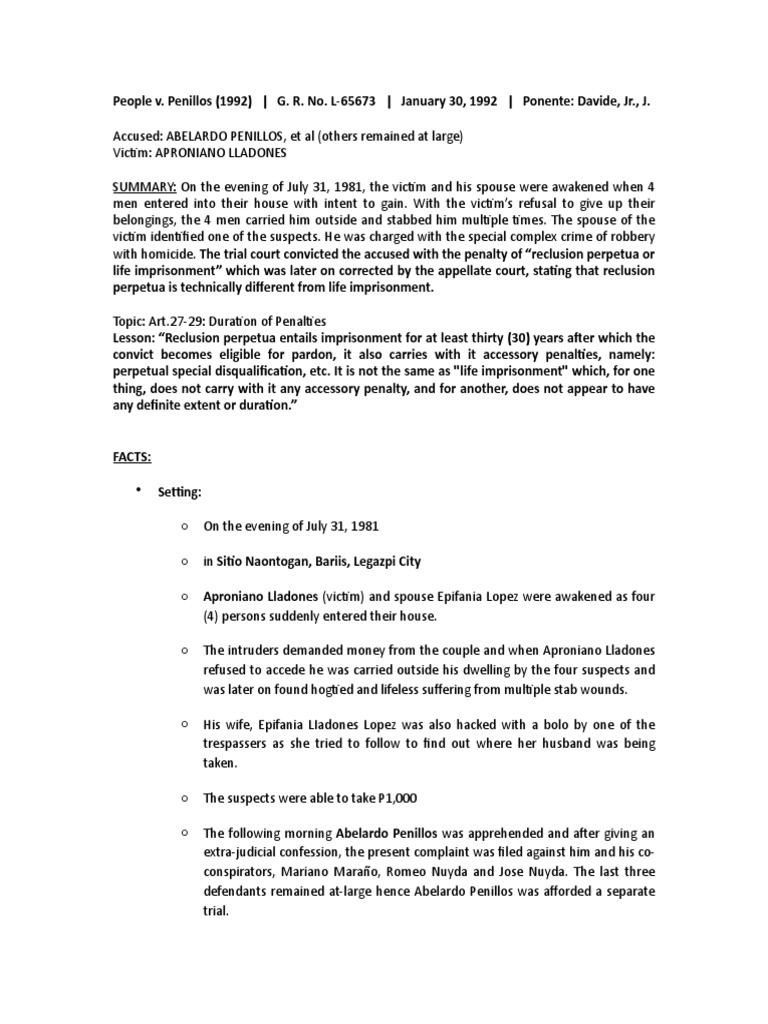 People v. Penillos: Distinguishing Reclusion Perpetua and Life ...
