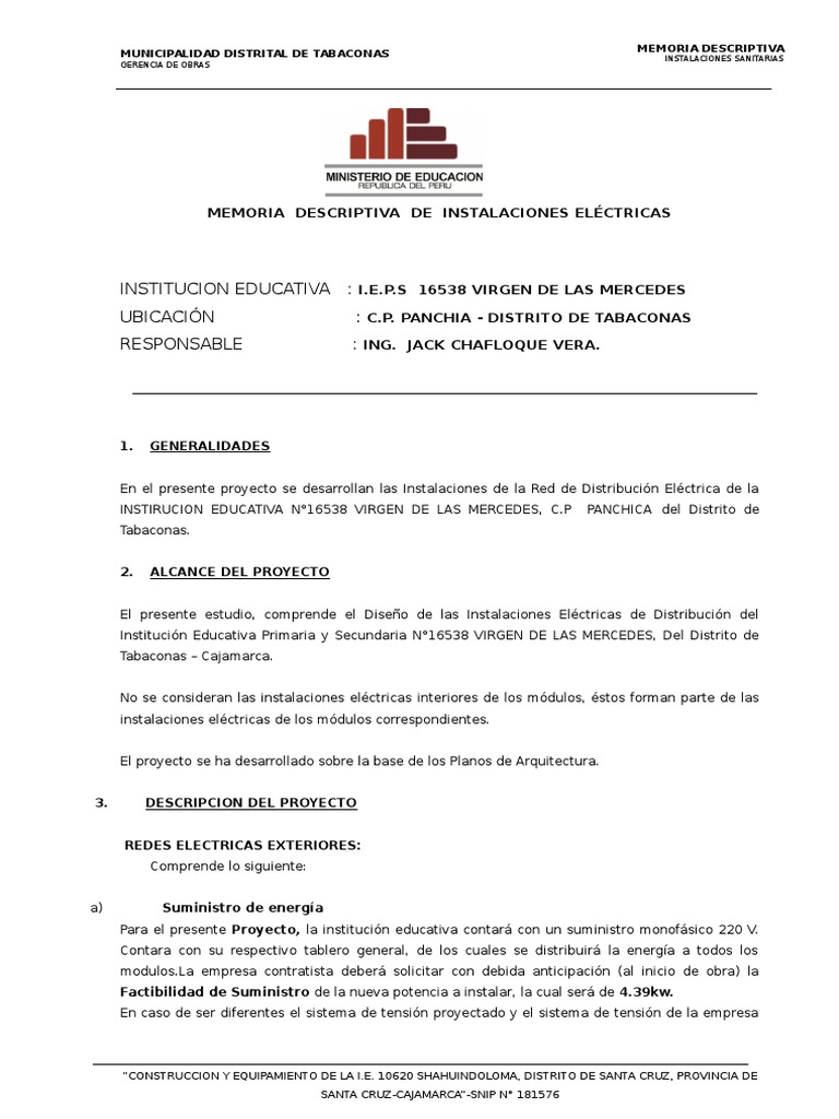 Memoria Descriptiva Instalaciones Electricas | PDF | Corriente eléctrica | Energia electrica