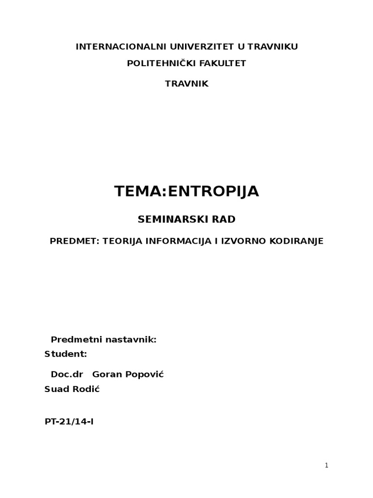 ENTROPIJA - Teorija Informacija I Izvorno Kodiranje | PDF