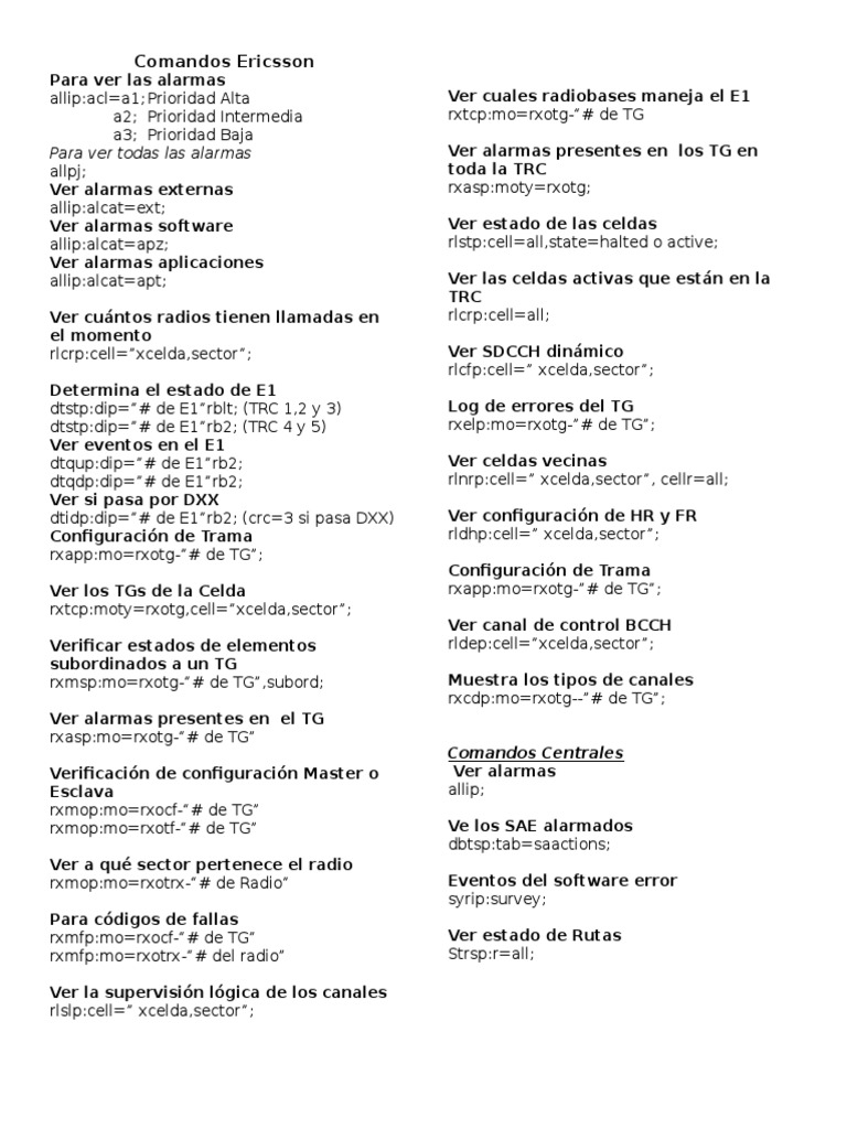 Comandos de Alarmas y Configuración Ericsson | PDF | Métodos y ...