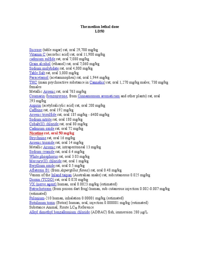 The Median Lethal Dose LD50: Nicotine Rat, Oral 50 MG/KG | PDF