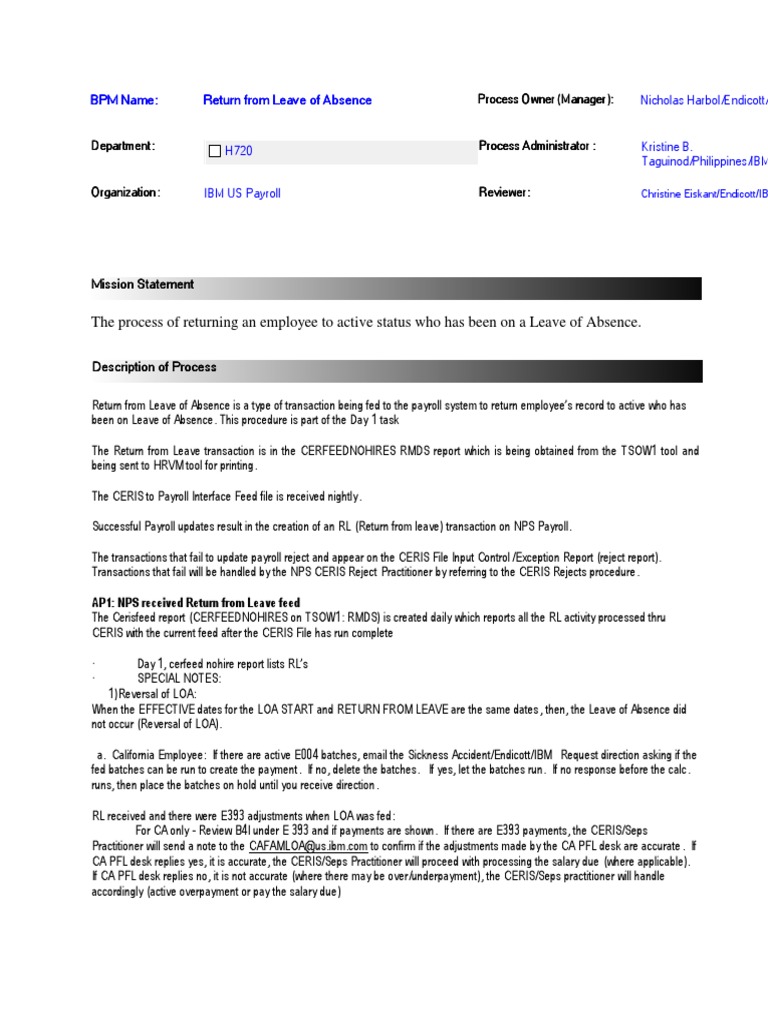 Return From Leave | PDF | Salary | Payroll