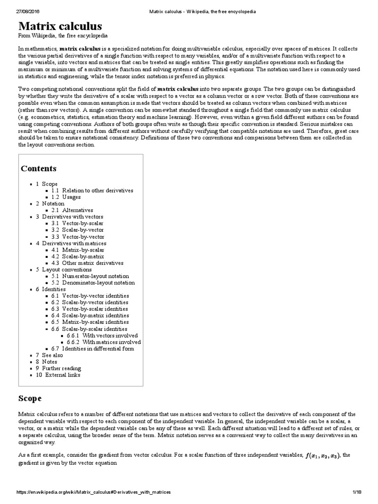 Matrix Calculus: From Wikipedia, The Free Encyclopedia | PDF | Matrix ...