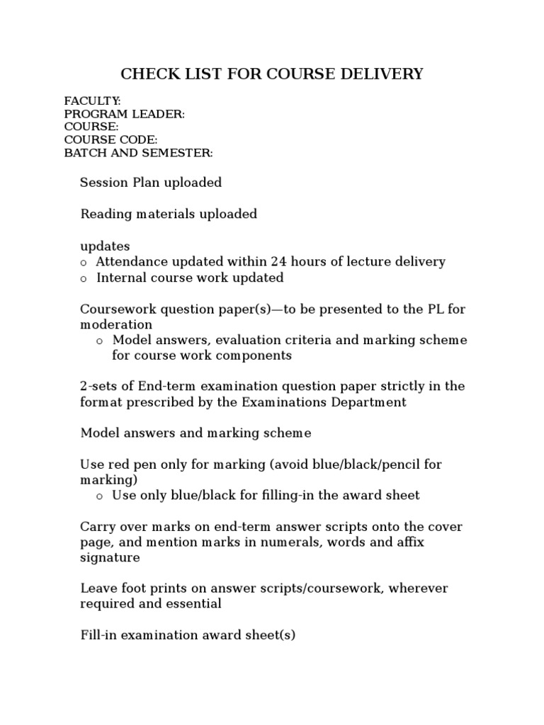 Check List For Course Delivery | PDF