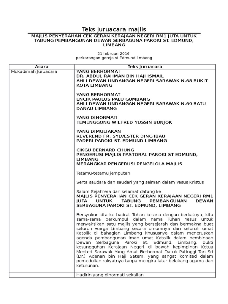 Teks Juruacara Majlis Penyerahan Cek Geran Kerajaan Negeri Kepada ST ...