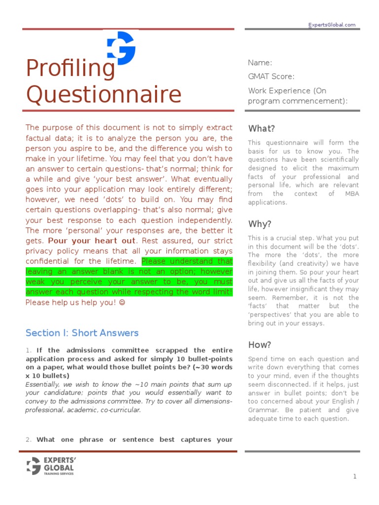 Profiling Questionnaire v17.3 | PDF | Master Of Business Administration ...
