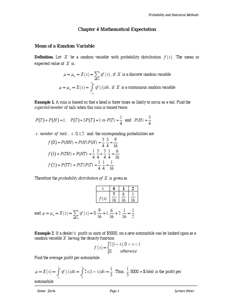 Notes On Mathematical Expectation | PDF | Expected Value | Variance