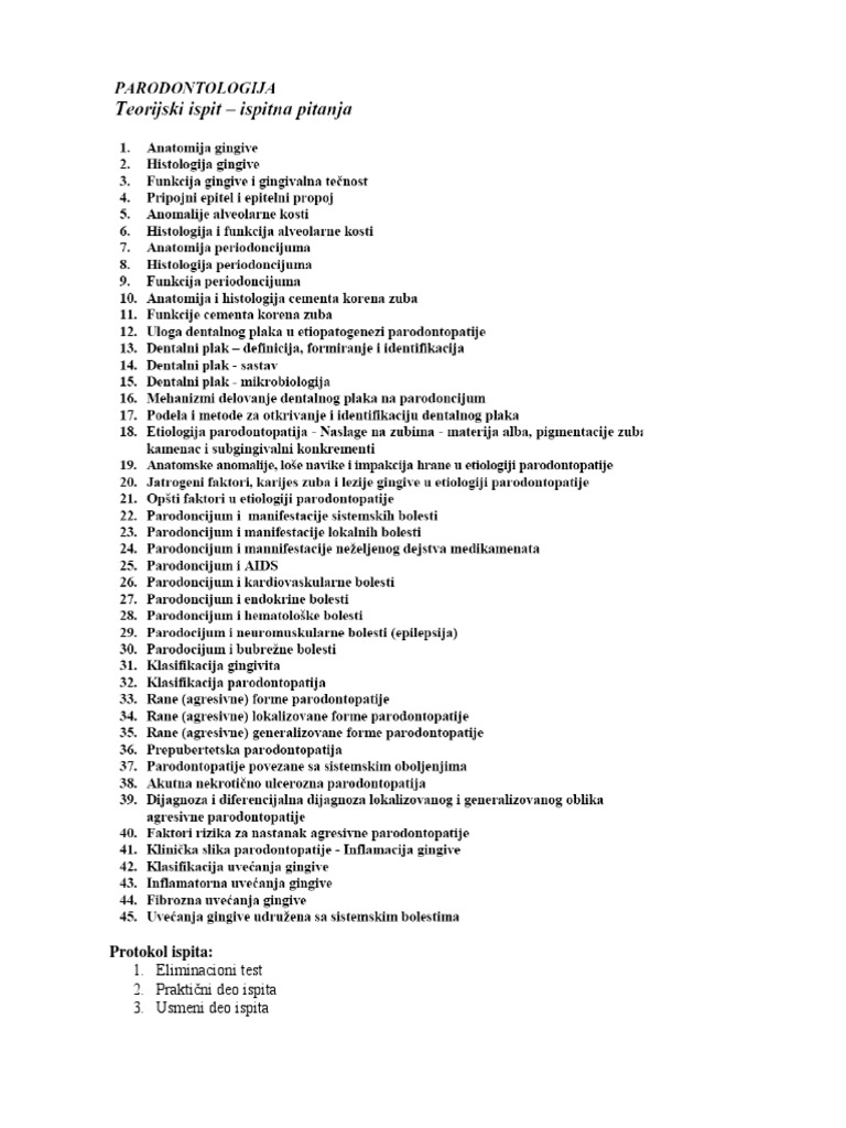 Ispitna Pitanja Parodontologija | PDF