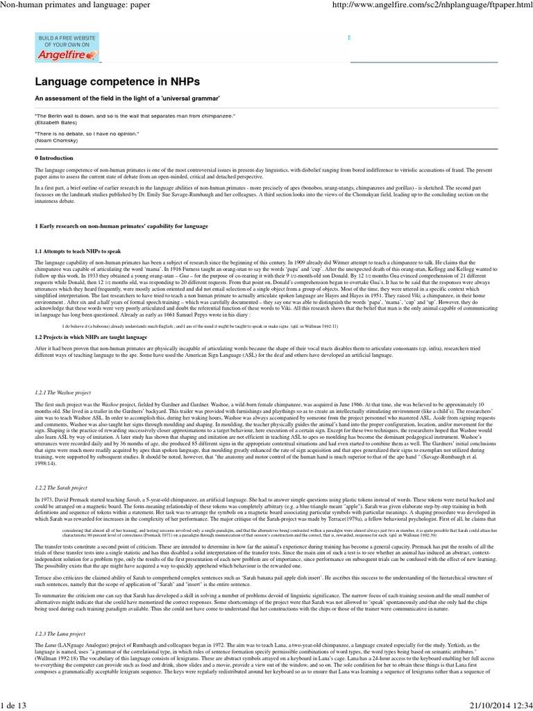 Language Competence in NHPS: An Assessment of The Field in The Light of A 'Universal Grammar ...