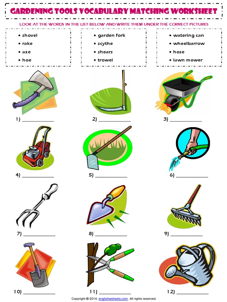 Garden Tool Printable Worksheets Gardening Tools ESL Vocabulary