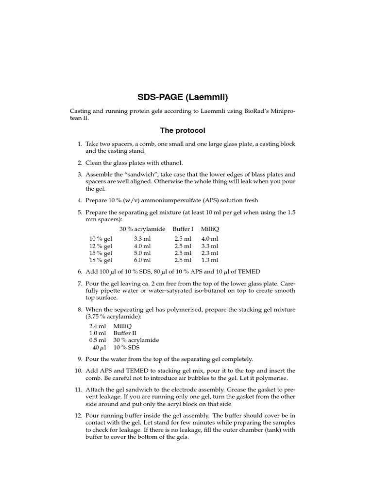 SDS-PAGE (Laemmli) : The Protocol | PDF | Analytical Chemistry | Chemistry