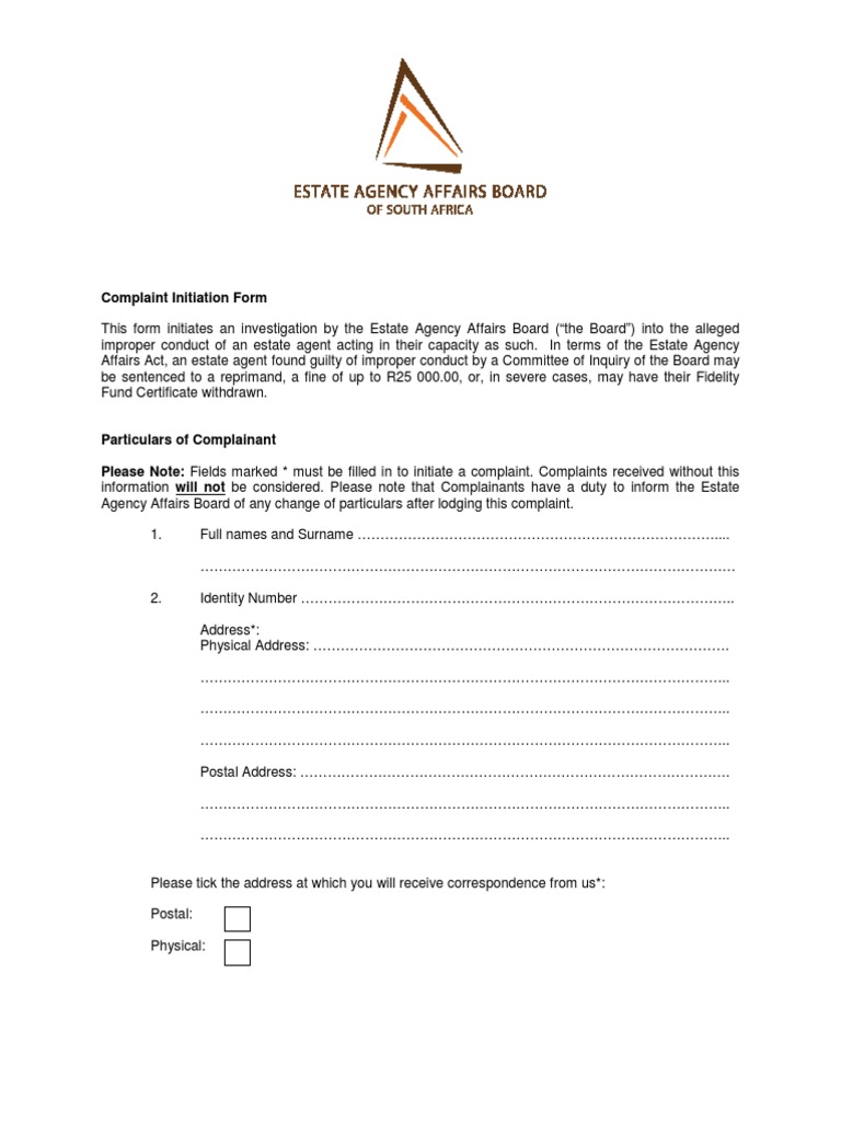 Estate Agents Affairs Board Complaints Form | PDF | Notary Public ...