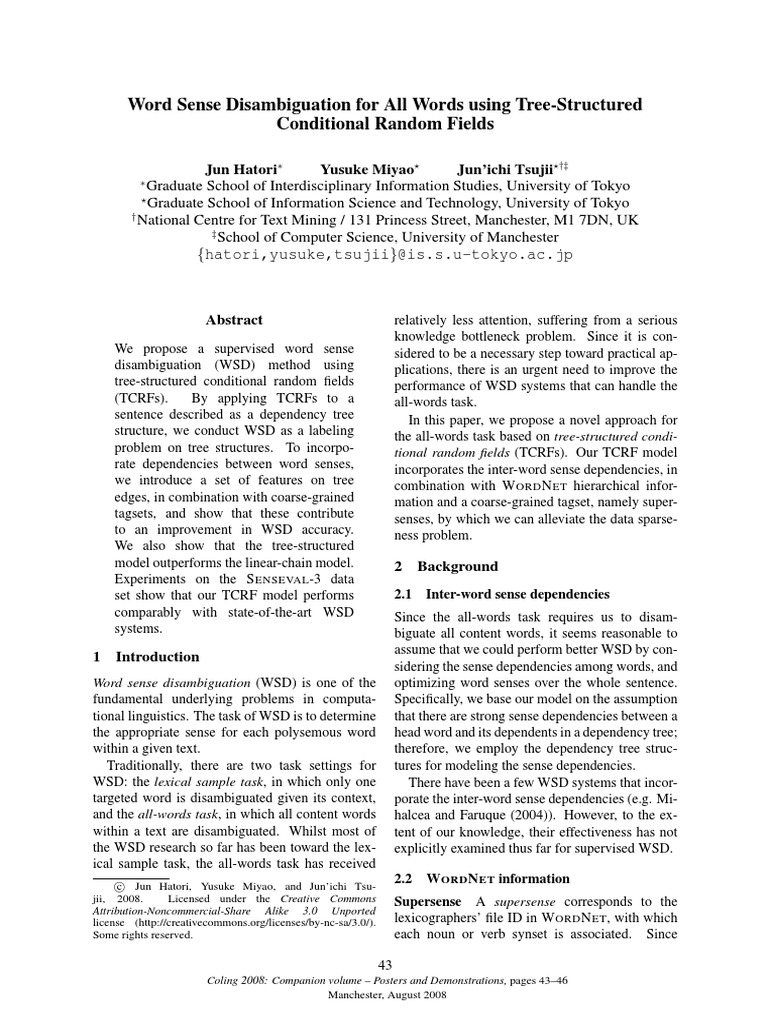 Word Sense Disambiguation For All Words Using Tree-Structured Conditional Random Fields | PDF ...